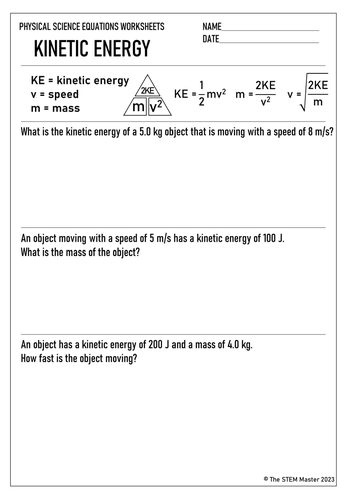 Kinetic Energy Equation Worksheet | Teaching Resources