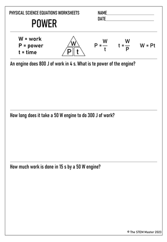 Power Equation Worksheet | Teaching Resources