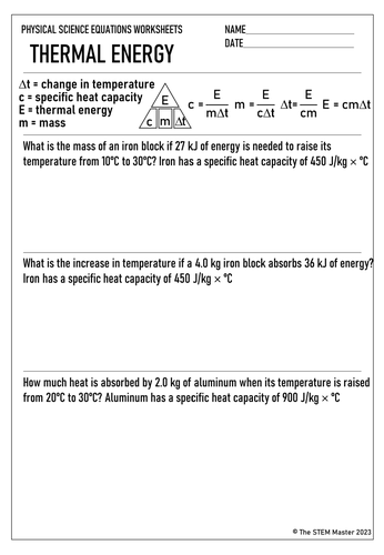 Thermal Energy Equation Worksheet | Teaching Resources
