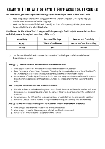 A Level - The Wife of Bath Prologue and Tale Scheme of Work | Teaching ...