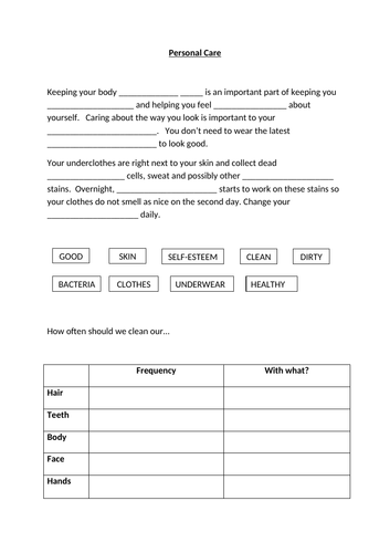 Personal Care - short lesson | Teaching Resources