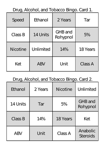 PSHE Drugs, alcohol, and tobacco BINGO! x 32 | Teaching Resources