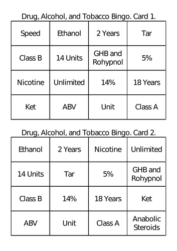 PSHE Drugs, alcohol, and tobacco BINGO! x 32 | Teaching Resources