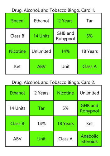 PSHE Drugs, alcohol, and tobacco BINGO! x 32 | Teaching Resources
