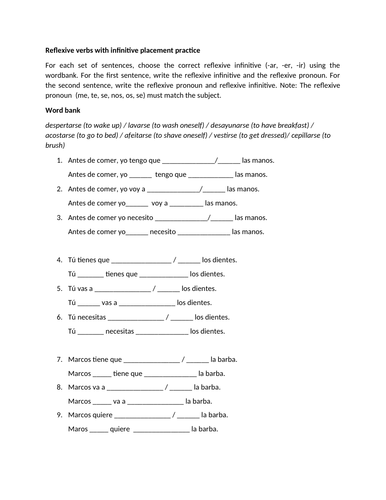 Reflexive verbs with infinitive placement practice worksheet | Teaching ...