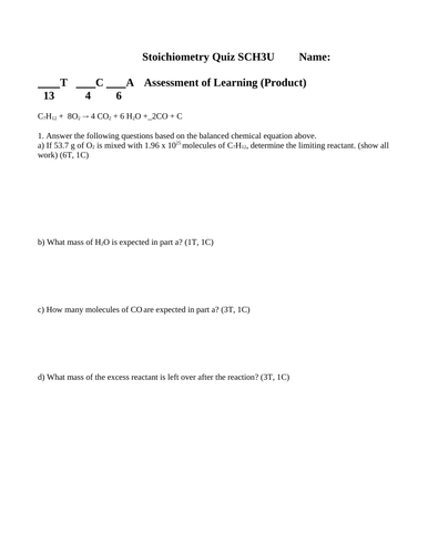 4 STOICHIOMETRY CHEMISTRY QUIZZES Theoretical Yield Quizzes SCH3U WITH ...
