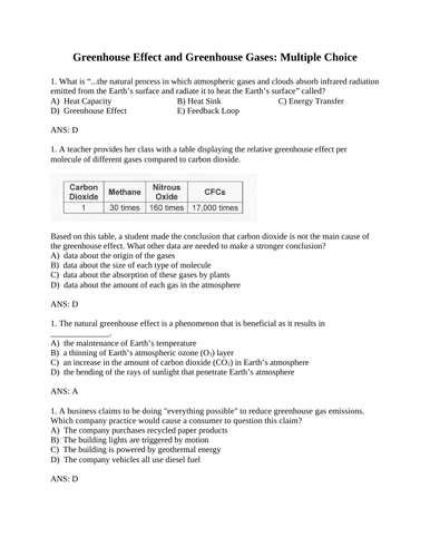 CLIMATE CHANGE, WEATHER, GREENHOUSE EFFECT Multiple Choice and Short ...