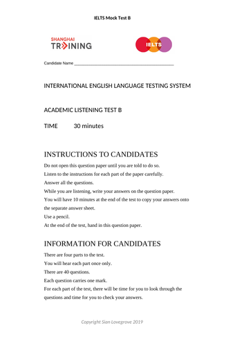 All New Mock IELTS Test B | Teaching Resources