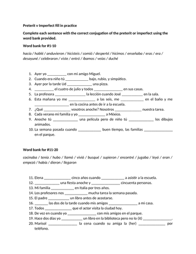 Preterit v imperfect fill in practice | Teaching Resources