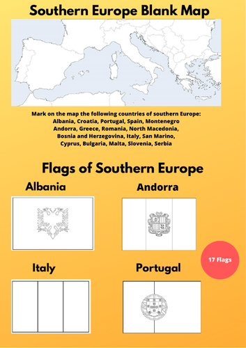 Southern Europe - Blank Map, Flags Activity and Research Project ...