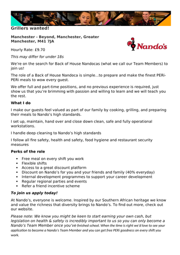 Functional Skills/ Entry Level. Job advert/ job application. Nandos ...
