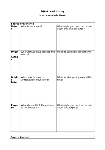 AQA A Level History Source Analysis Sheet | Teaching Resources