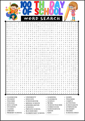 100 th Day Of School Word Search Puzzle Worksheet & Coloring Pages ...