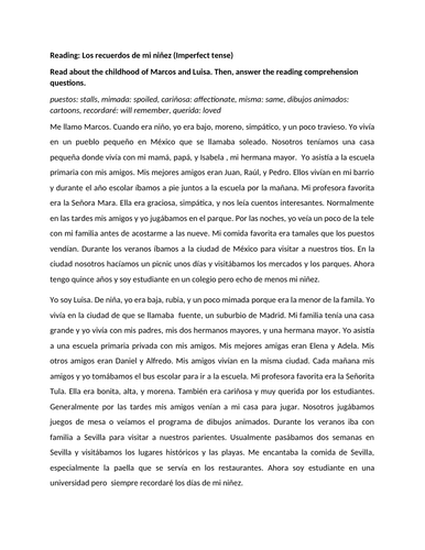 Reading: Los recuerdos de mi niñez (Imperfect tense) | Teaching Resources