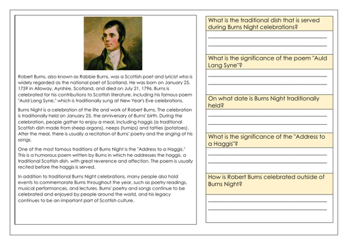 Robert Burns Reading Comprehension | Teaching Resources