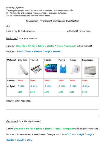 Materials, Transparent, Translucent and Opaque Investigation | Teaching ...