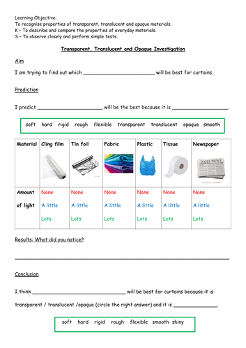 Materials, Transparent, Translucent and Opaque Investigation | Teaching ...