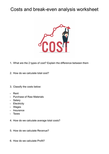 Costs and break-even analysis worksheet | Teaching Resources