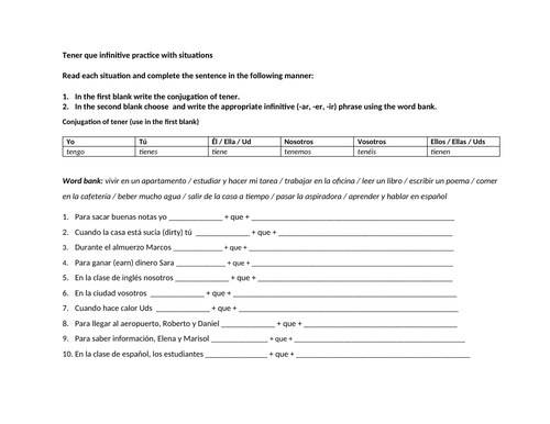 Tener que infinitive practice with situations | Teaching Resources