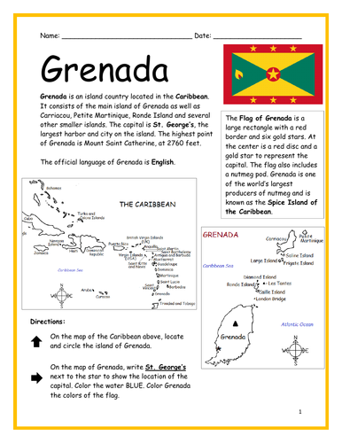 Grenada Introductory Geography Printable Worksheet with map | Teaching ...