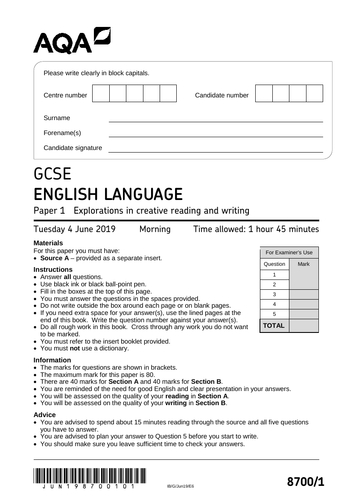 AQA GCSE English Language 2019 Paper 1 The Mill H.E.Bates Q1-5 Grade 9 ...