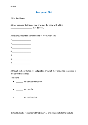 AQA GCSE PE Resources - Diet and Nutrition | Teaching Resources