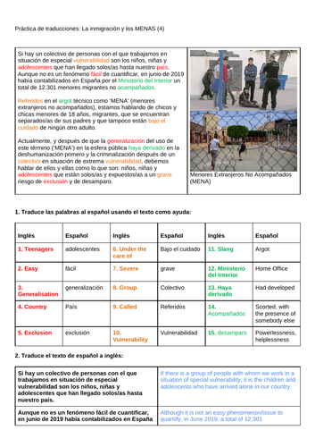 A - Level Spanish - Translation practice #4: Los MENAS (Inmigración ...