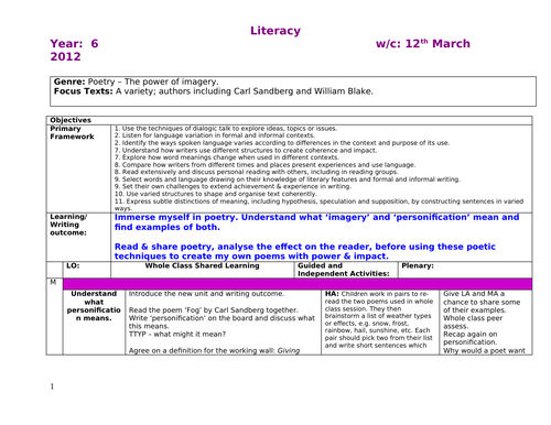 Poetry Imagery Planning Year 6 English Literature Imagery and ...