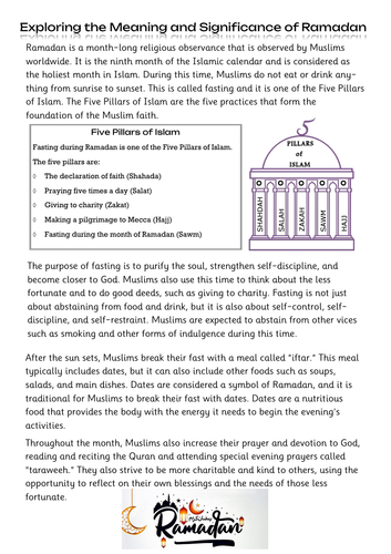 Ramadan Comprehension Worksheets | Teaching Resources