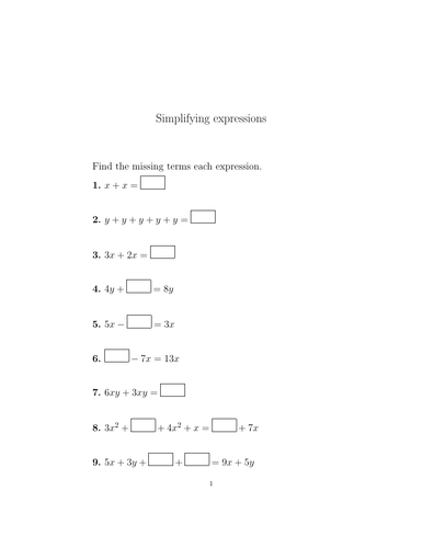 Simplifying Expressions Missing Terms Worksheet With Solutions Teaching Resources 