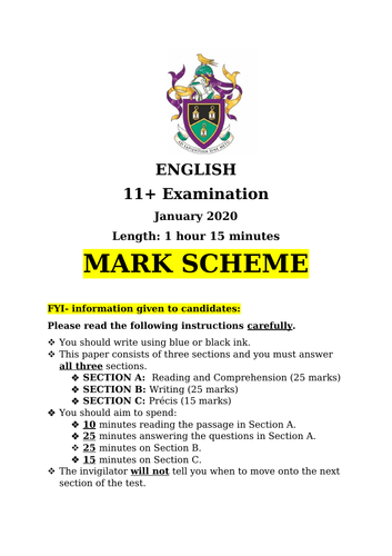 11+ Bespoke English / Entrance Exam Past Papers with Mark Scheme 2020 ...