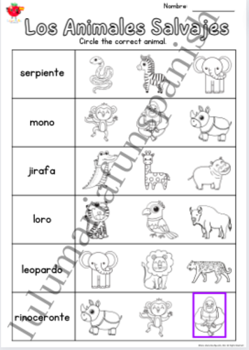 Spanish A4 Worksheets - Los Animales Salvajes - Wild Animals | Teaching ...