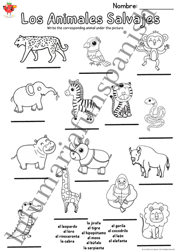 Spanish A4 Worksheets - Los Animales Salvajes - Wild Animals | Teaching ...