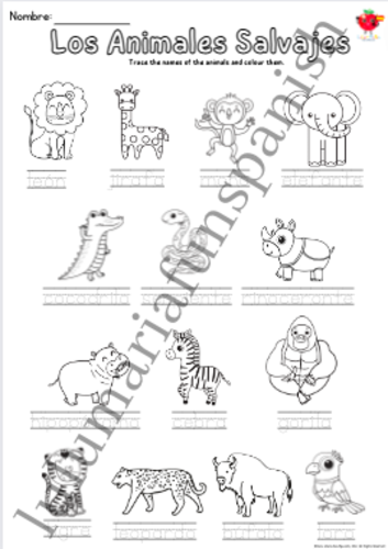Spanish A4 Worksheets - Los Animales Salvajes - Wild Animals | Teaching ...