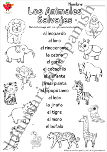 Spanish A4 Worksheets - Los Animales Salvajes - Wild Animals | Teaching ...