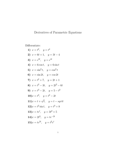 Derivatives Of Parametric Equations Worksheet With Solutions Teaching Resources