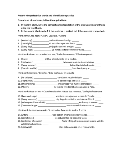 Preterit v Imperfect clue words and identification practice | Teaching ...