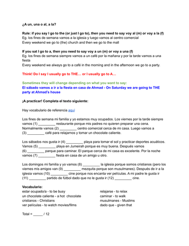 Vamos al / a la vs. vamos a un / a una | Teaching Resources