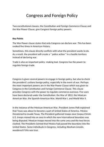 US Congress and Foreign Policy | Teaching Resources