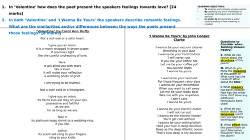 Unseen Poetry A3 Sheet- Valentine + I Wanna Be Yours | Teaching Resources