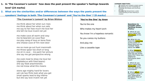 Unseen Poetry A3 Sheet- The Caveman's Lament + You're the One ...
