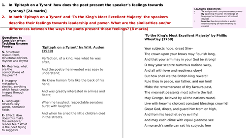 Unseen Poetry A3 Sheet- Epitaph on a Tyrant + To the King's Most ...