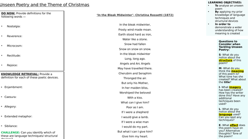 Unseen Poetry A3 Sheet- In the Bleak Midwinter | Teaching Resources