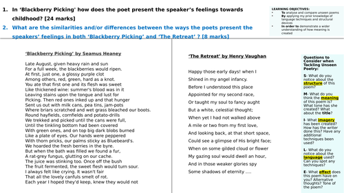 Unseen Poetry A3 Sheet- Blackberry Picking + The Retreat | Teaching ...