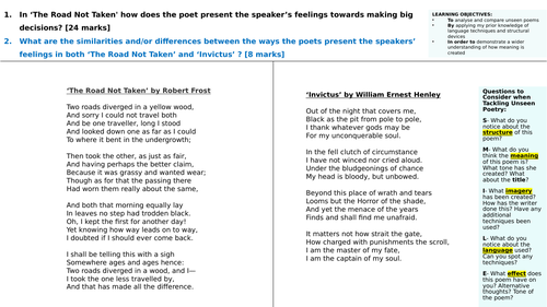 Unseen Poetry A3 Sheet- The Road Not Taken + Invictus | Teaching Resources