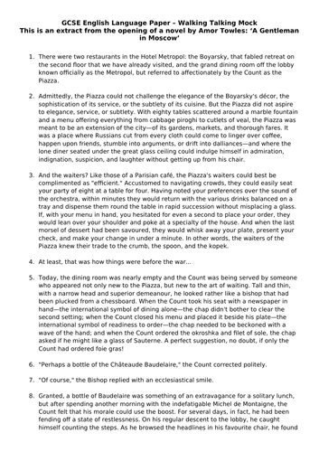 AQA GCSE English Language Paper 1 Walkthrough- A Gentleman in Moscow ...