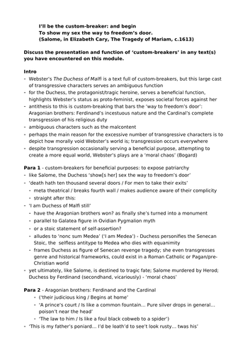 Bundle: The Duchess of Malfi Essay Plans | Teaching Resources