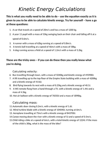 Kinetic Energy Calculations | Teaching Resources
