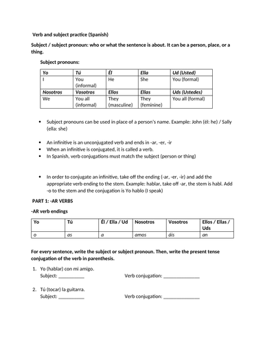 Verb and subject practice (Spanish) | Teaching Resources