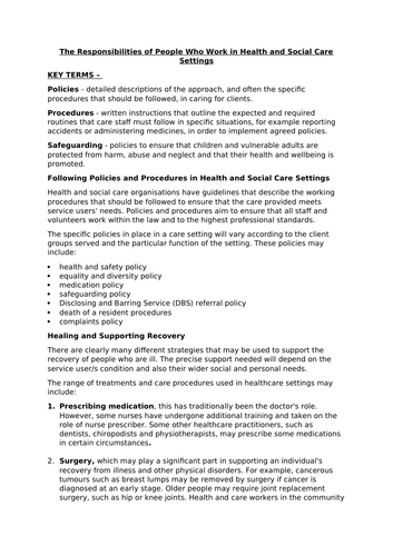 Btec National Health And Social Care Unit 2 Laa Teaching Resources